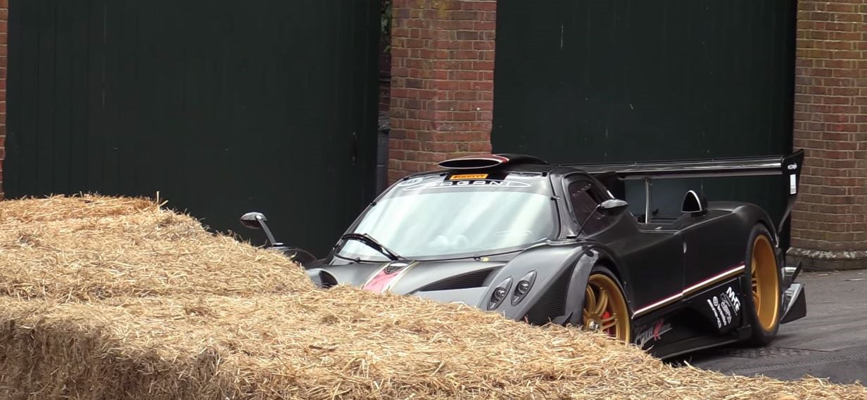 Watch: $2 million Pagani Zonda R awkwardly hits hay bale at - Driven ...